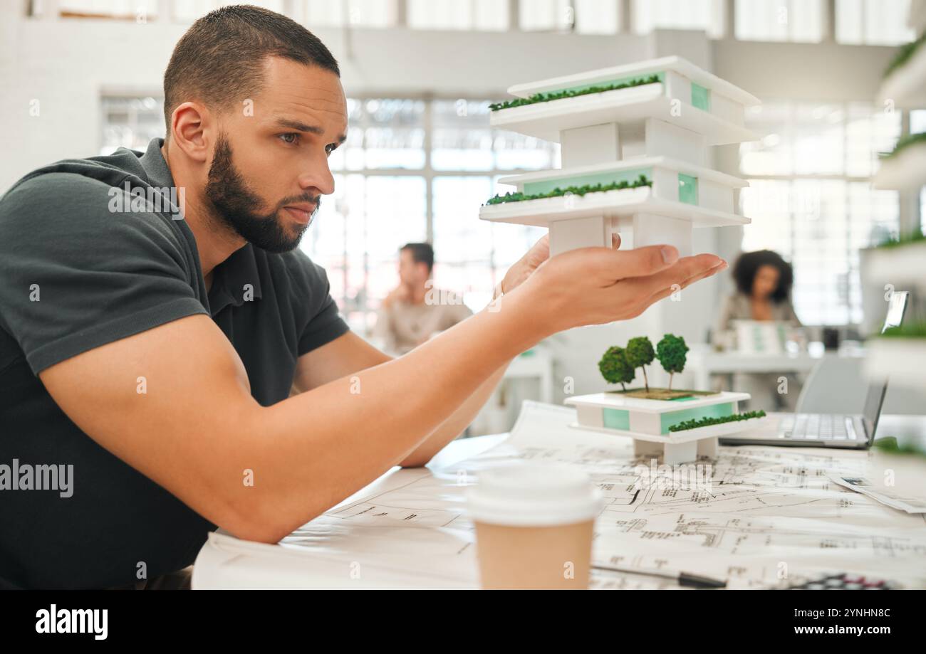 Architect, man and building model for design, construction project and ...