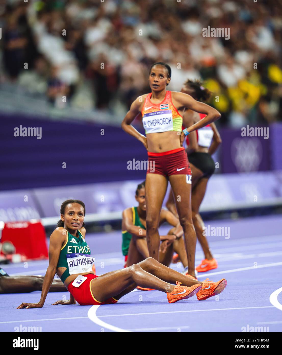 Sembo Almayew participating in the 3000 metres steeplechase at the ...