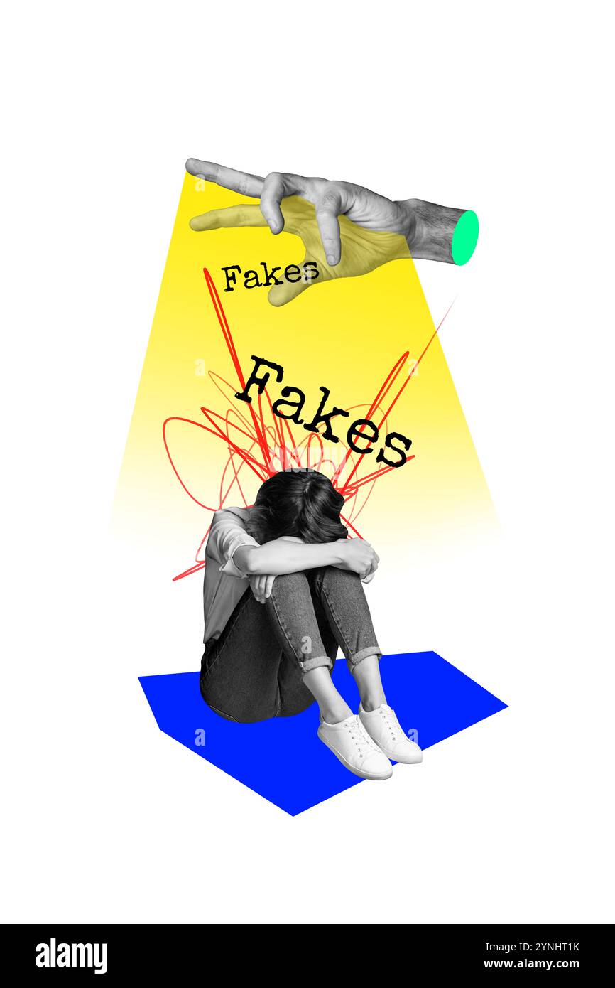 Vertical poster collaeg young depressed sad woman crying fake news ...