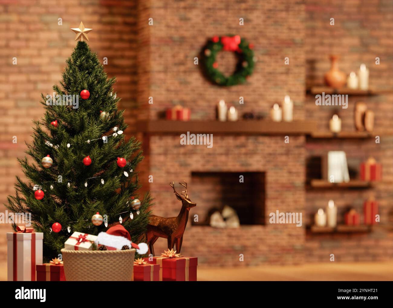 Rustic Christmas Scene with Tree and Fireplace 3D Render Stock Photo ...