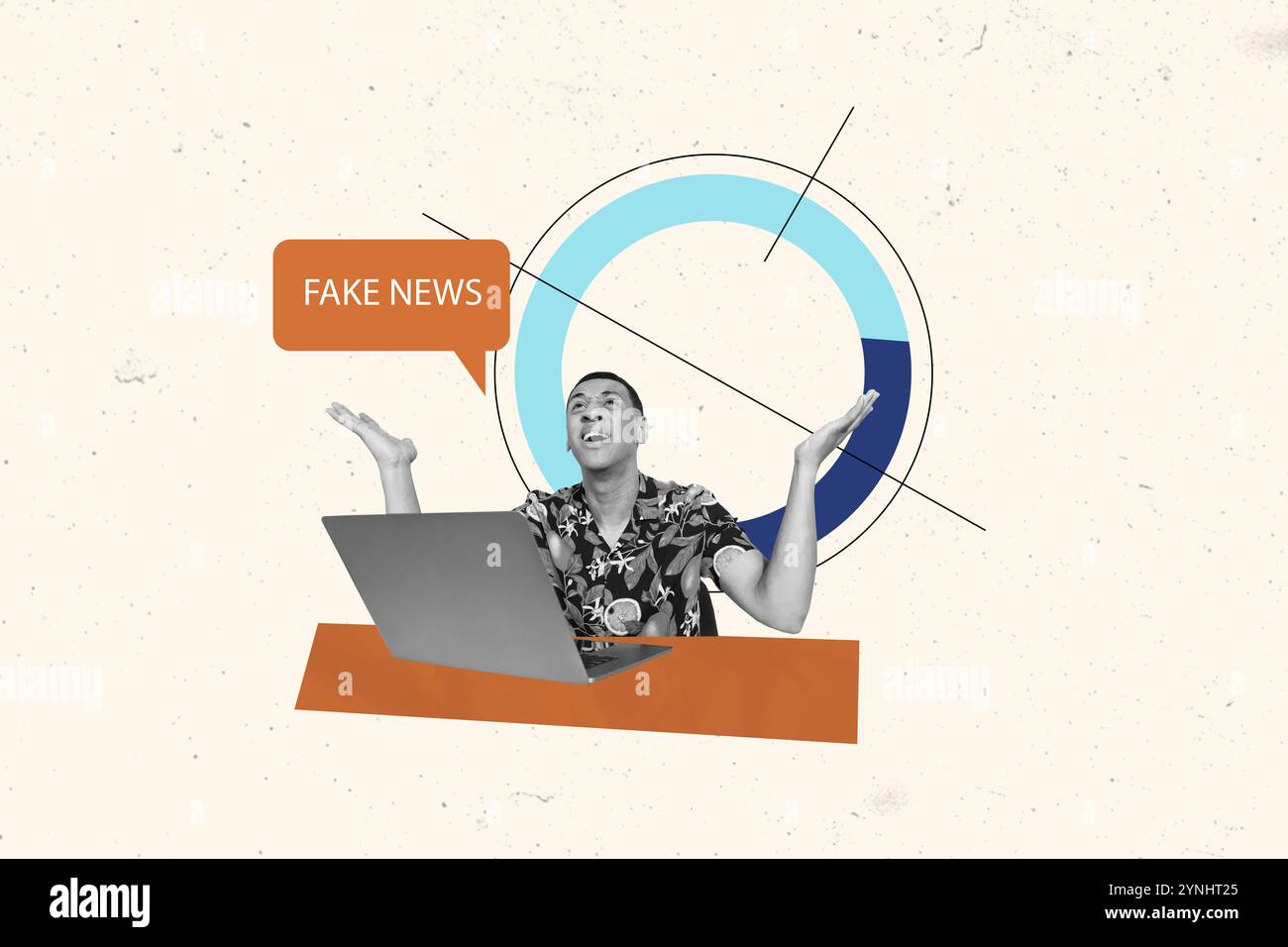 Creative collage young man fake news upset unhappy laptop digital ...