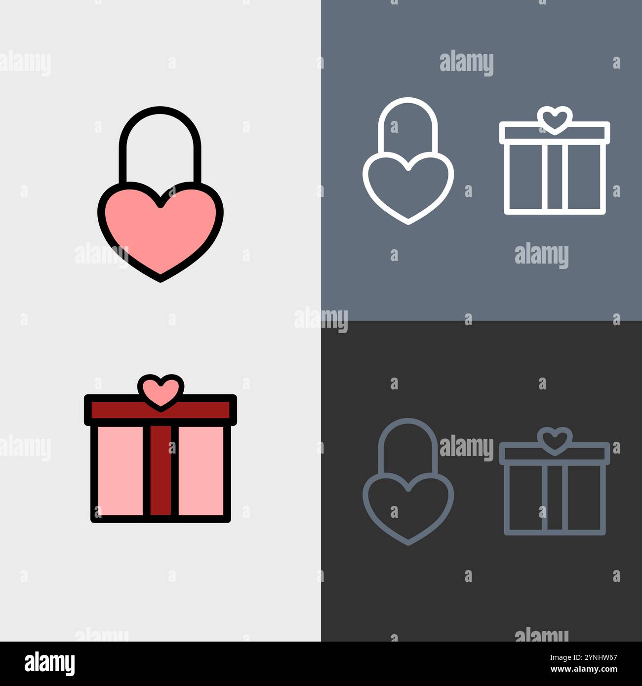 Love heart lock and present - clean and modern valentines day icon set ...