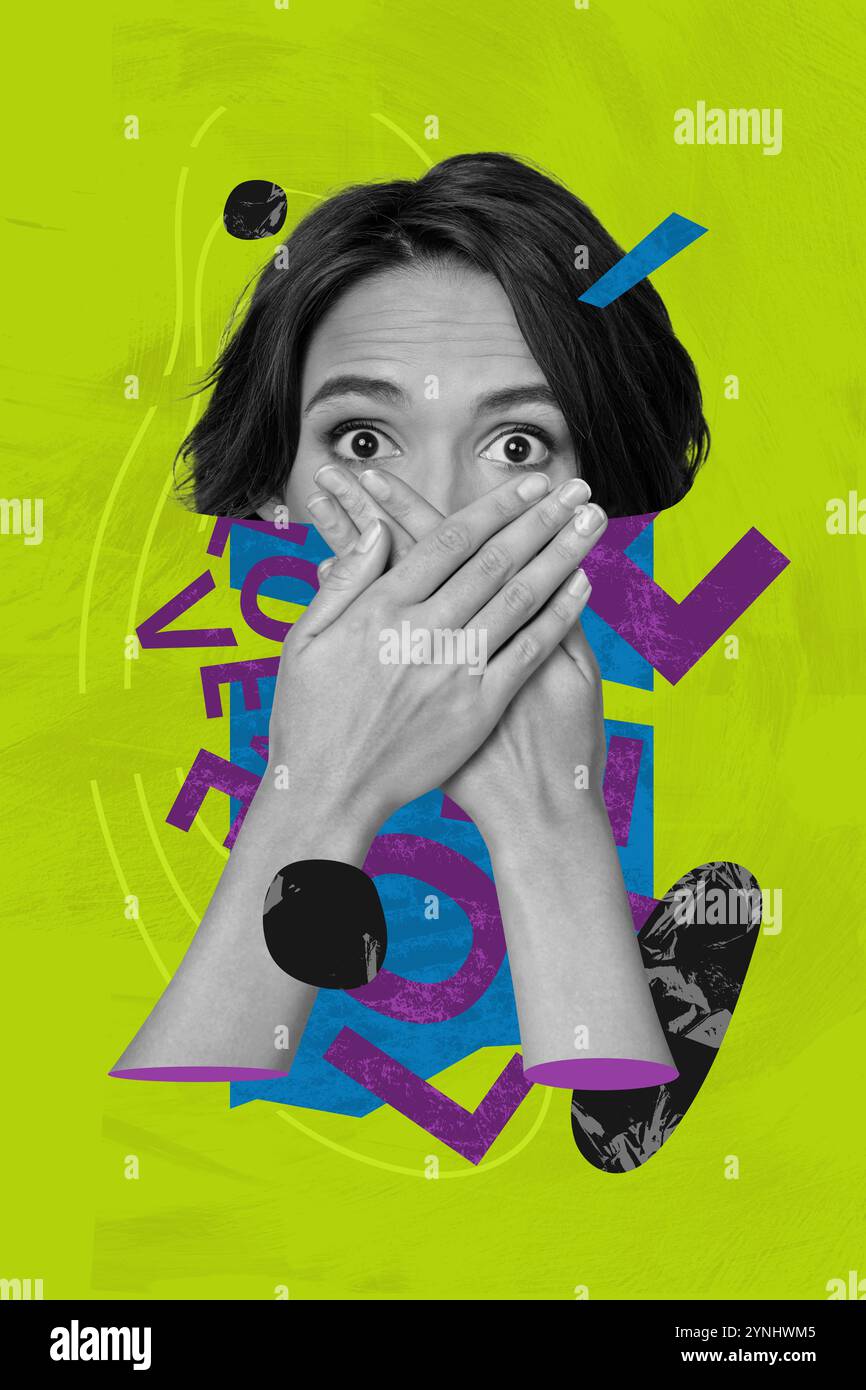 Composite trend artwork sketch collage of young lady student shocked ...