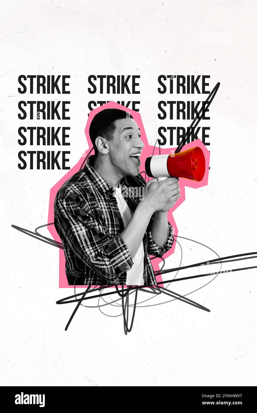Vertical collage picture young man announce strike loudspeaker ...