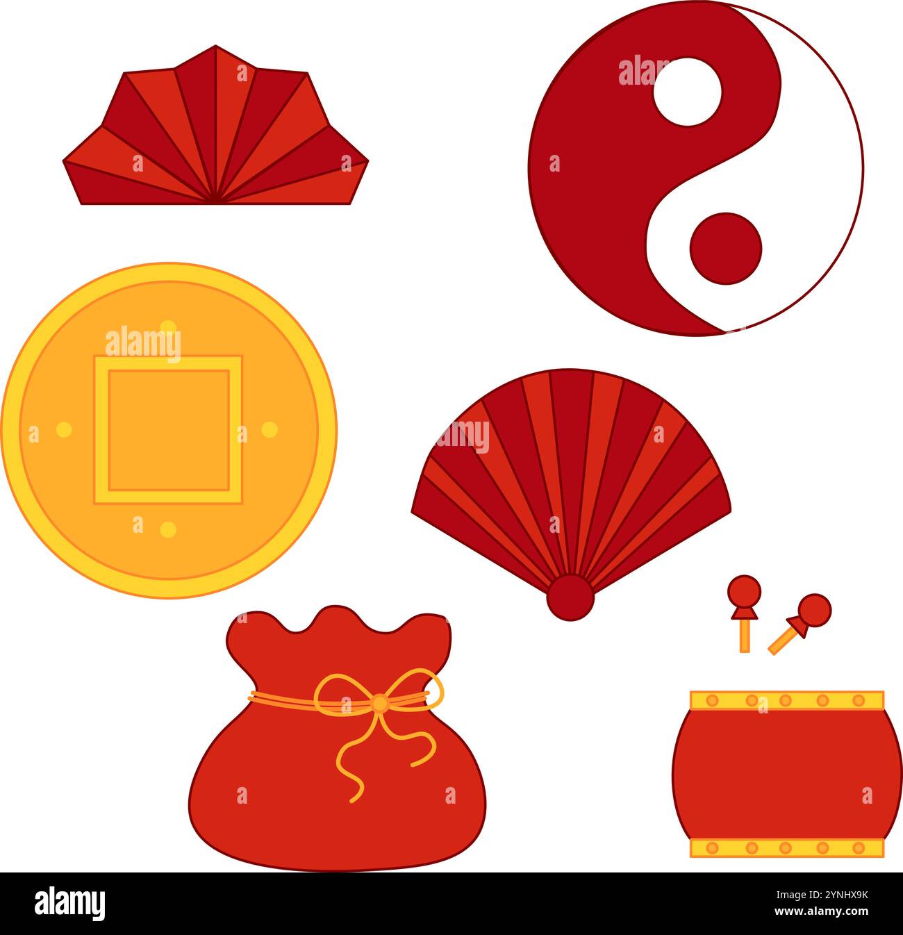 Graphic CNY elements set. red fav, bag, drum, gold coin and ying yang ...