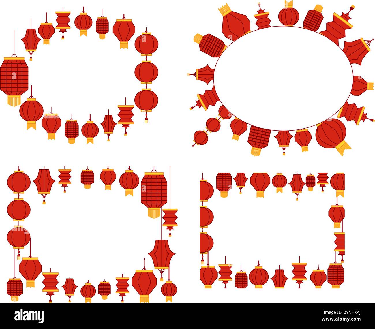 Vector illustration set of red chinese lanterns oval frames. Graphic ...