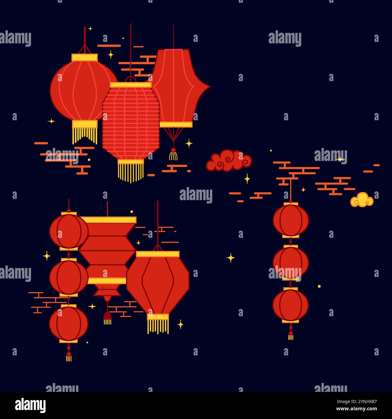 Set of Chinese red paper lanterns, night compositions. Festive themes ...