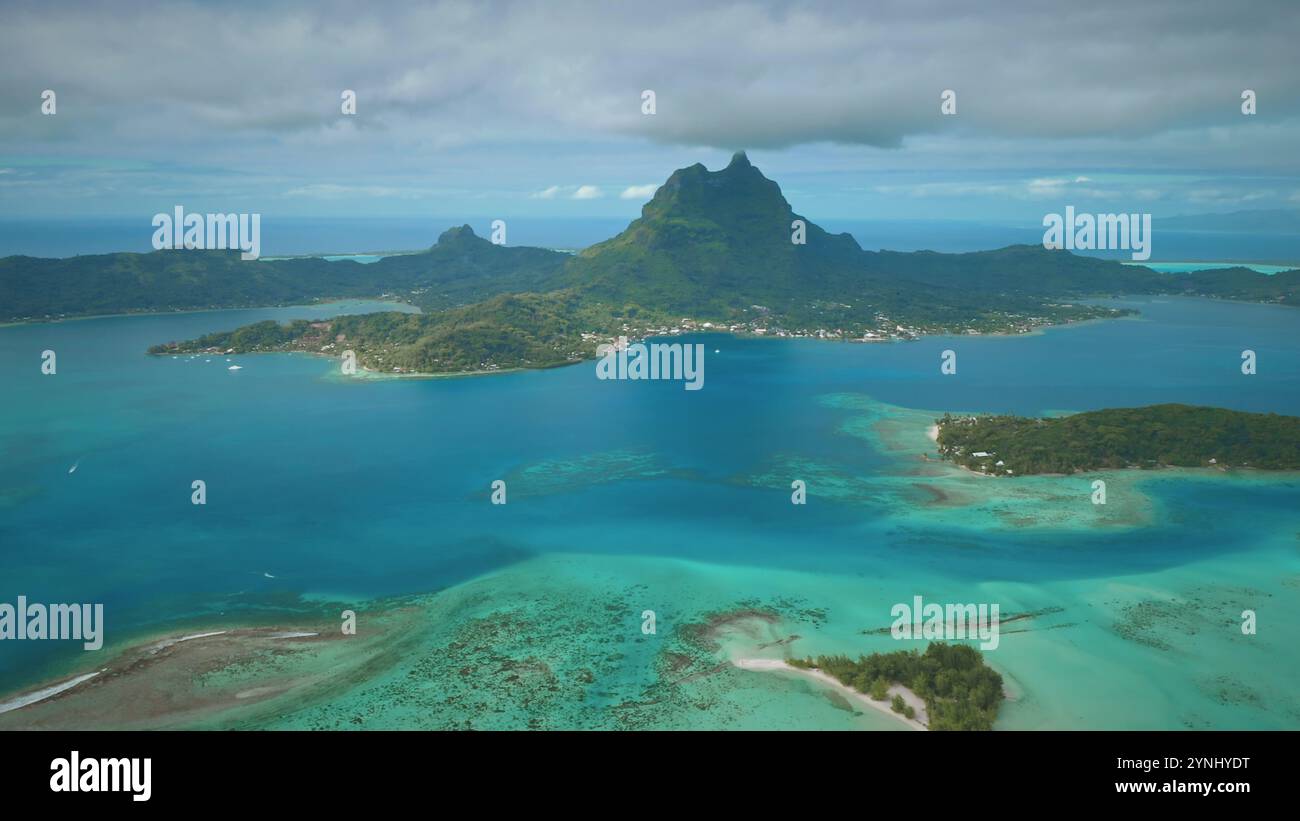 Drone capturing Bora Bora panorama, tropical island coral reef with ...