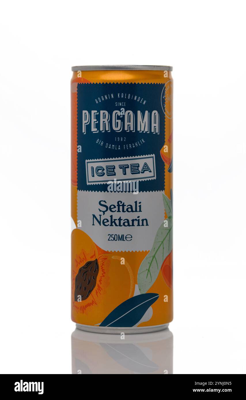 Gaziveren Cyprus -23.11.2024 Pergama Ice Tea A colorful can of peach ...