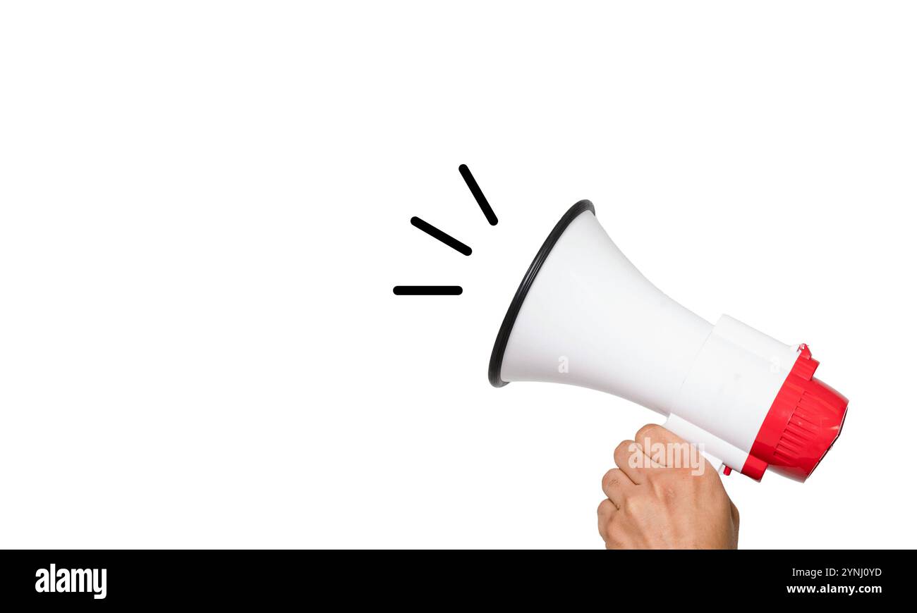 Hand holding megaphone shouting message isolated on white background ...