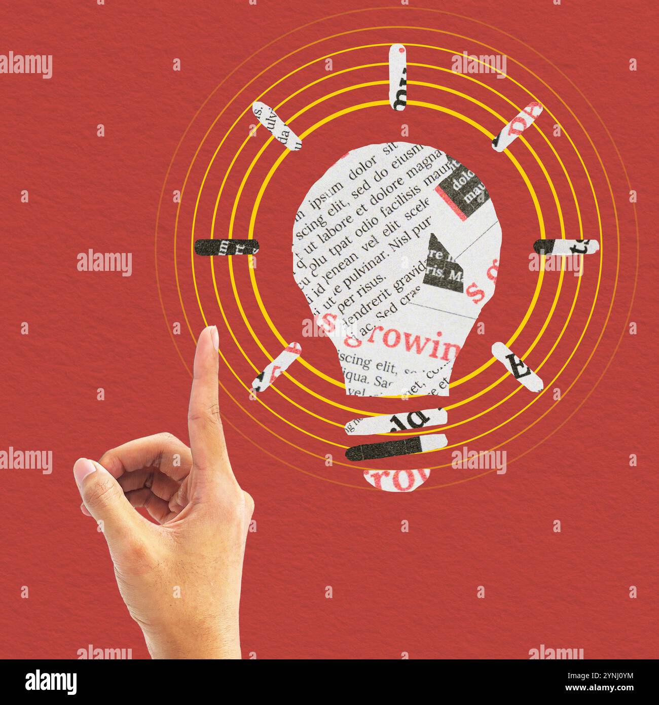 Finger pointing up hand gesture with lightbulb-shaped cutout newspaper ...