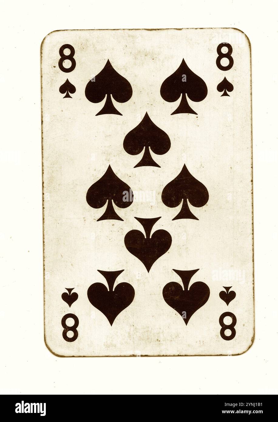 A vintage eight of spades playing card in sepia isolated on a white ...
