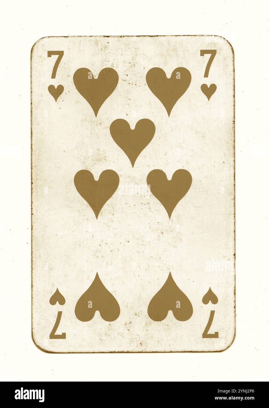 A vintage seven of hearts playing card in sepia isolated on a white ...