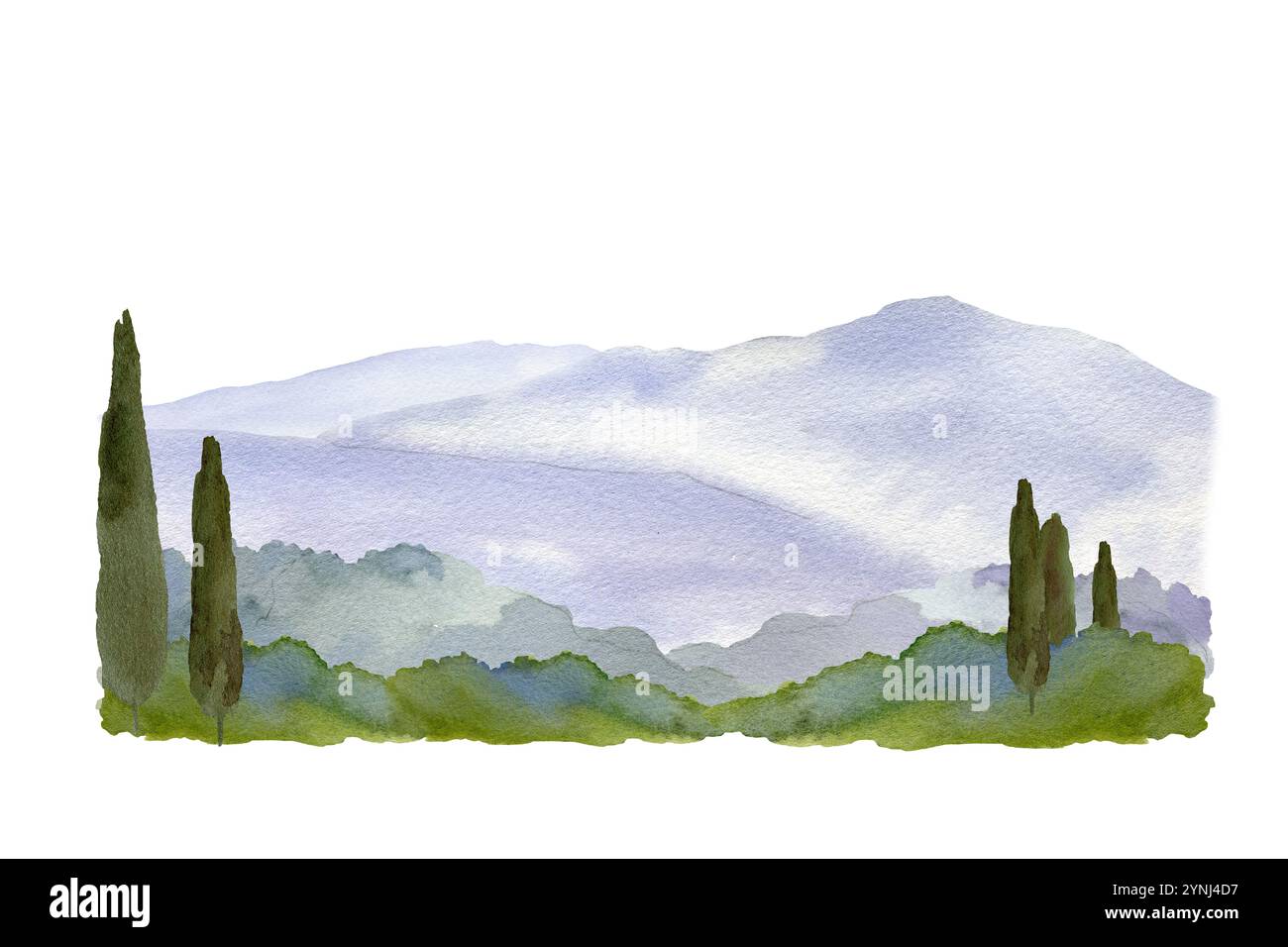 watercolor alpine landscape, blue and violet mountains, cypress trees ...