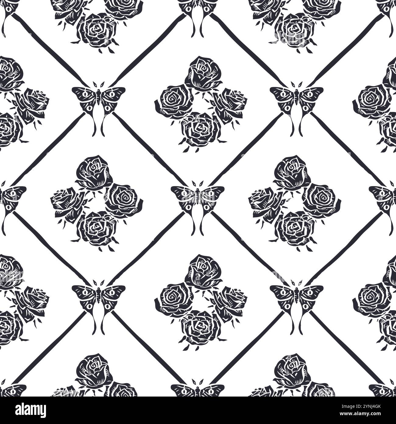 Seamless pattern with hand drawn red rose flowers inside trellis Stock ...