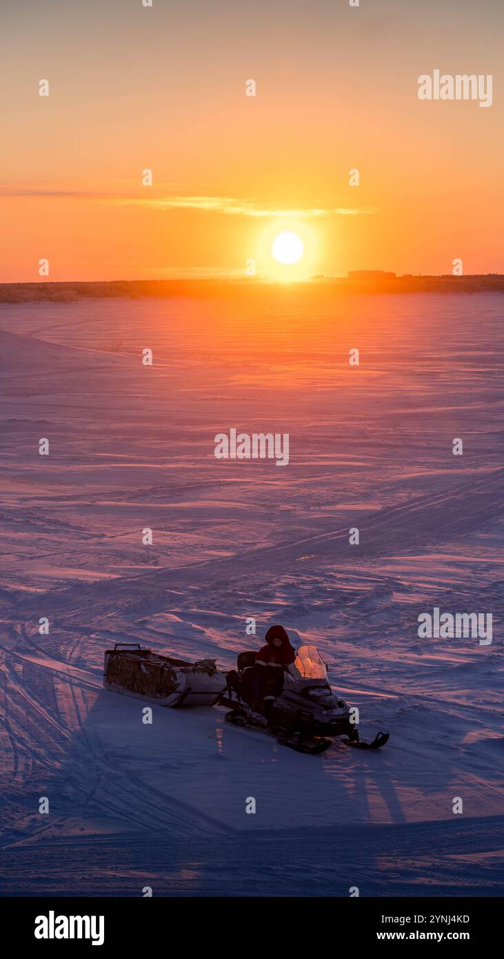 The person on snowmobile at snowy winter tundra, during the beautiful ...