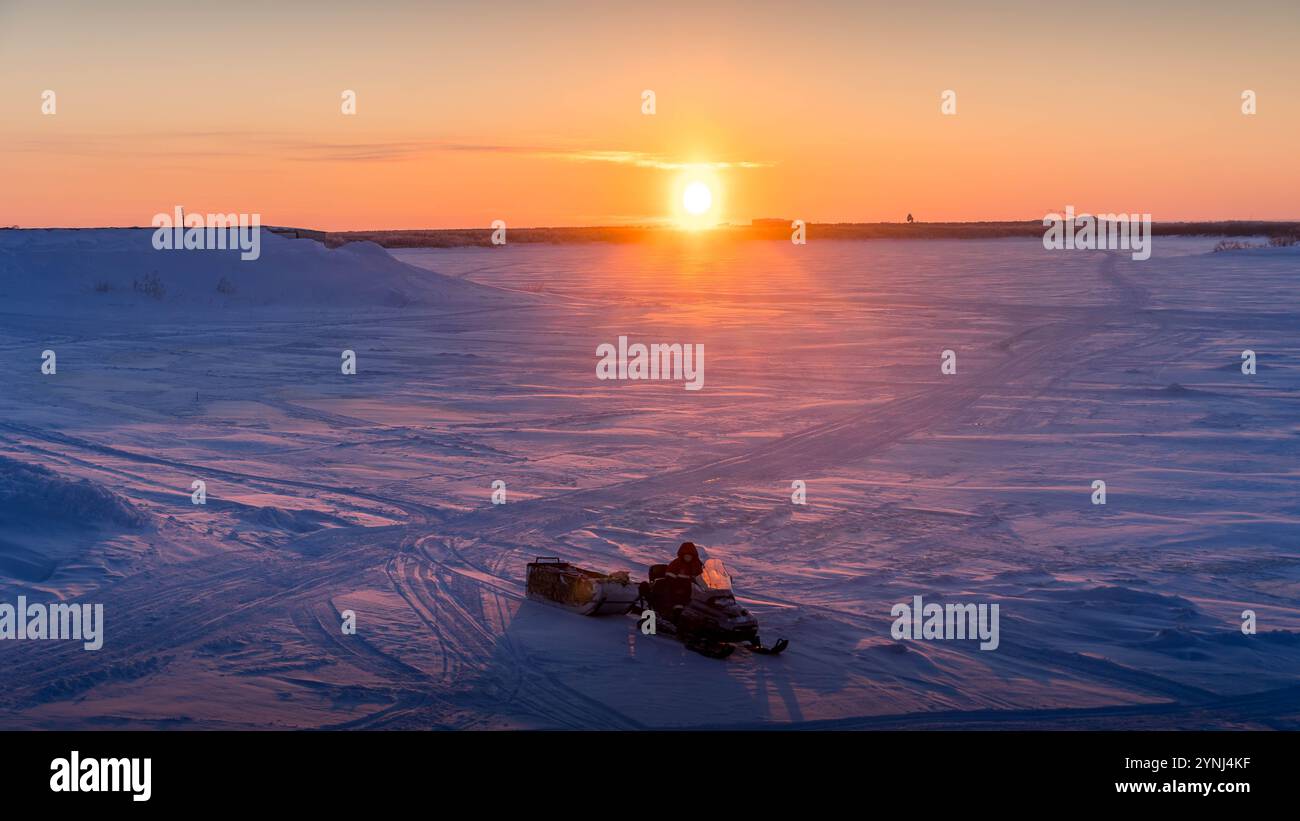 The person on snowmobile at snowy winter tundra, during the beautiful ...