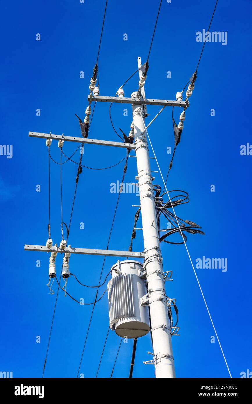 Utility Pole with Power Lines Against a Clear Blue Sky Stock Photo - Alamy