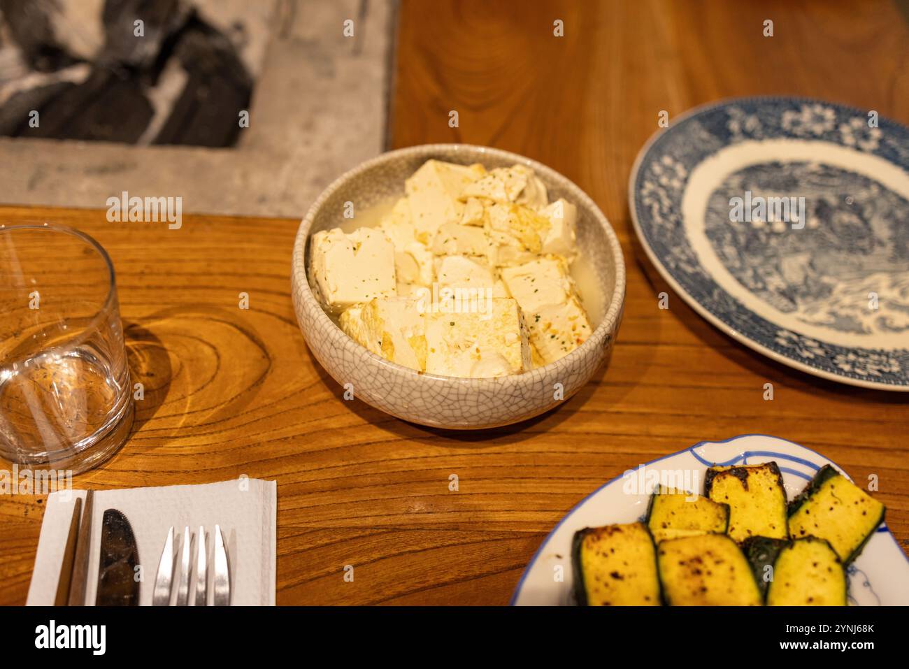 Bowl of Freshly Prepared Seasoned Tofu on a Rustic Dining Table Stock ...