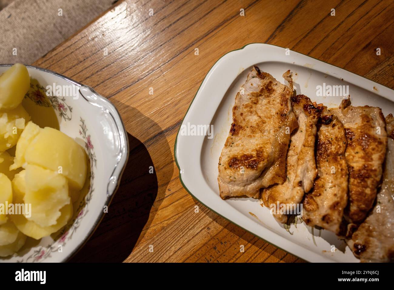 Grilled Chicken Strips and Boiled Potatoes on Rustic Table – Classic ...