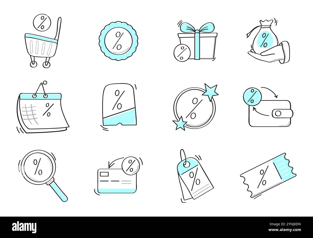 Vector set of doodle-style discount icons, featuring hand-drawn ...