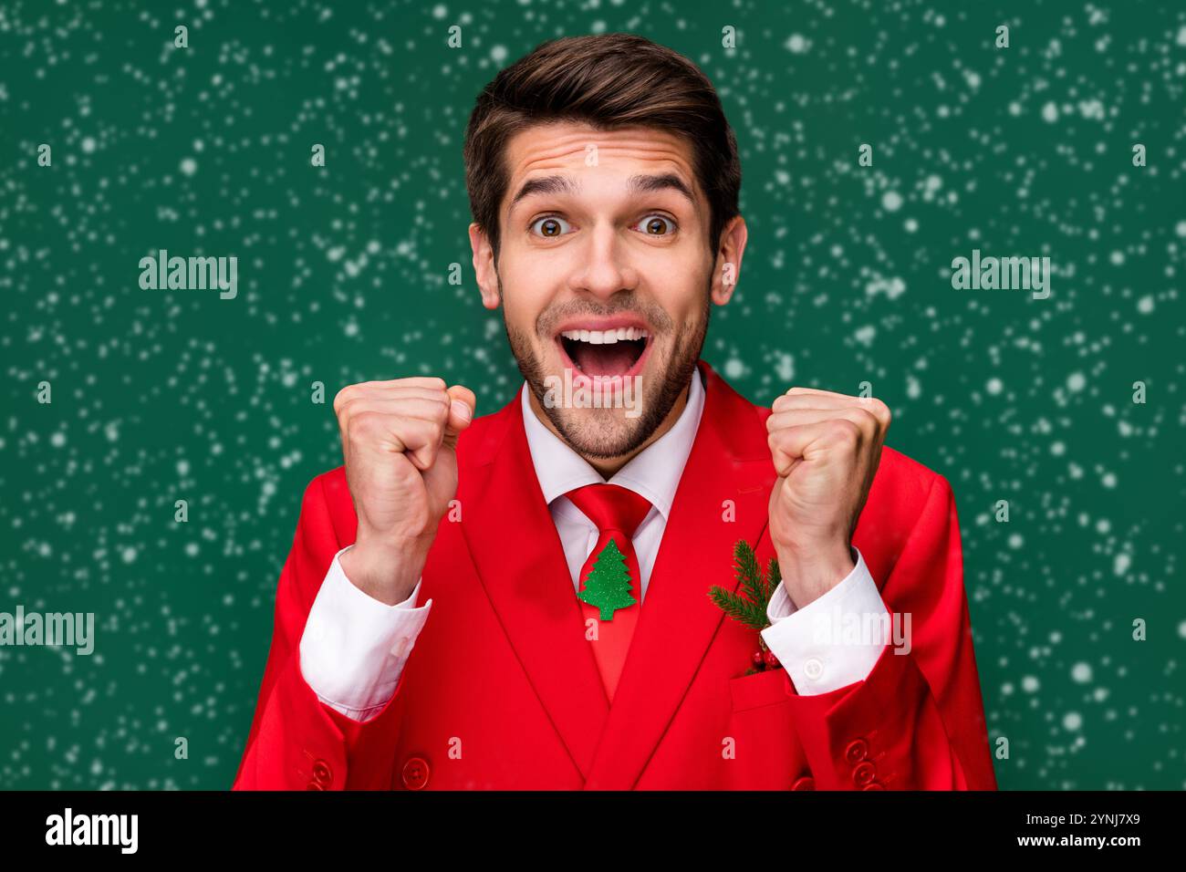Photo of funky lucky santa claus guy dressed red jacket rising fists ...
