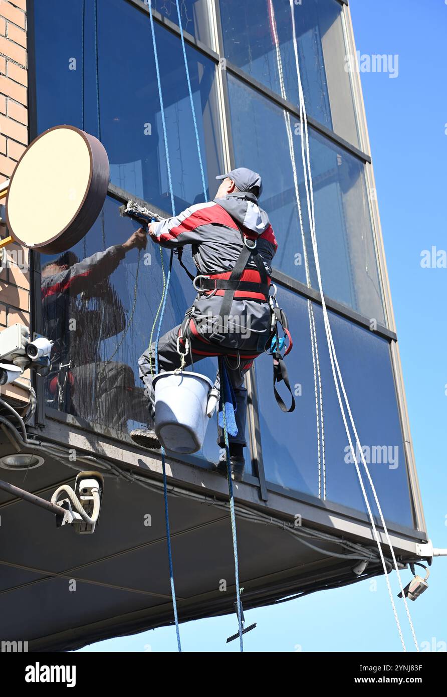 A window cleaner on a safety rope washes the windows of a glass ...