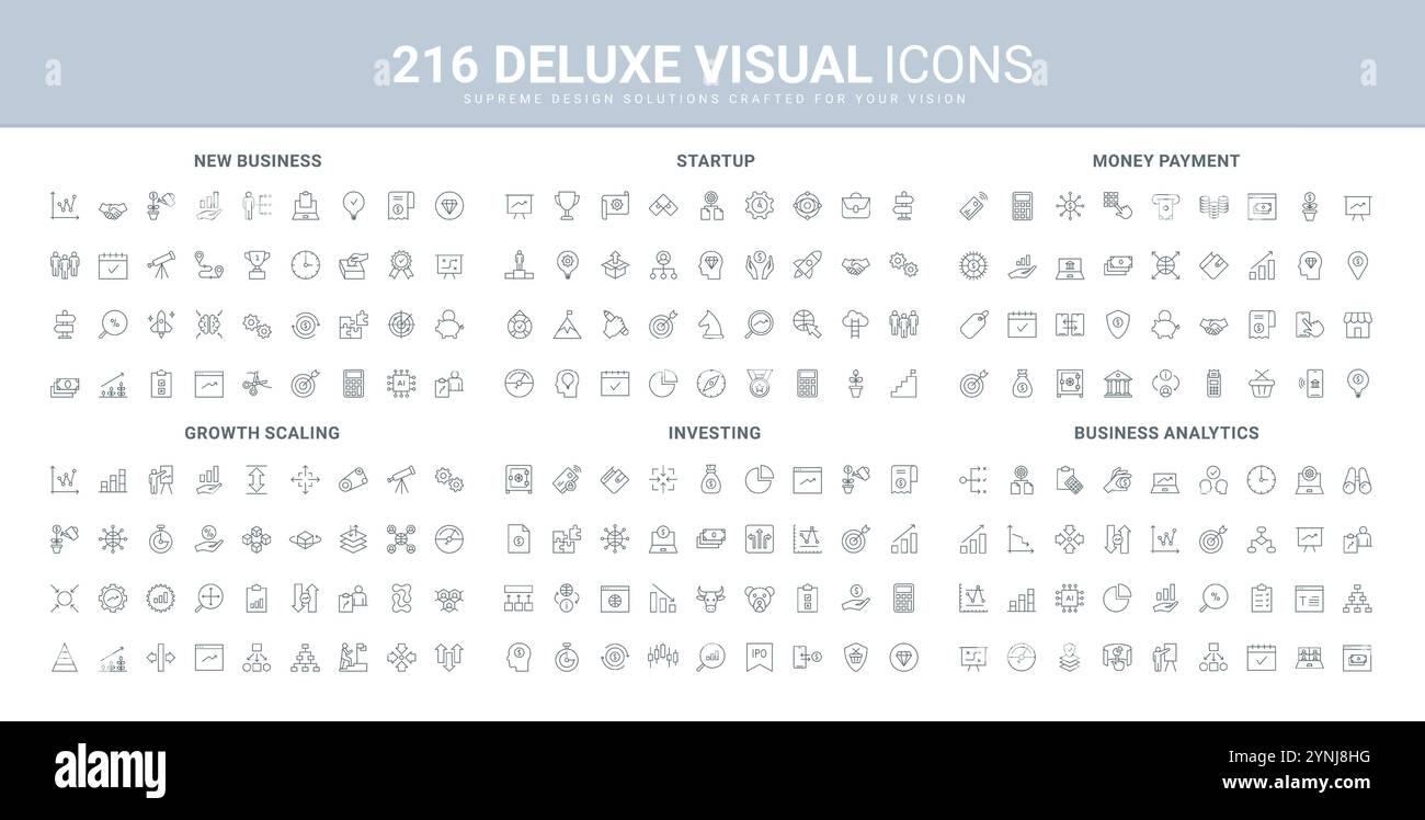Business startup development, stock market investment, cash and bank payment line icon set. Rise ...