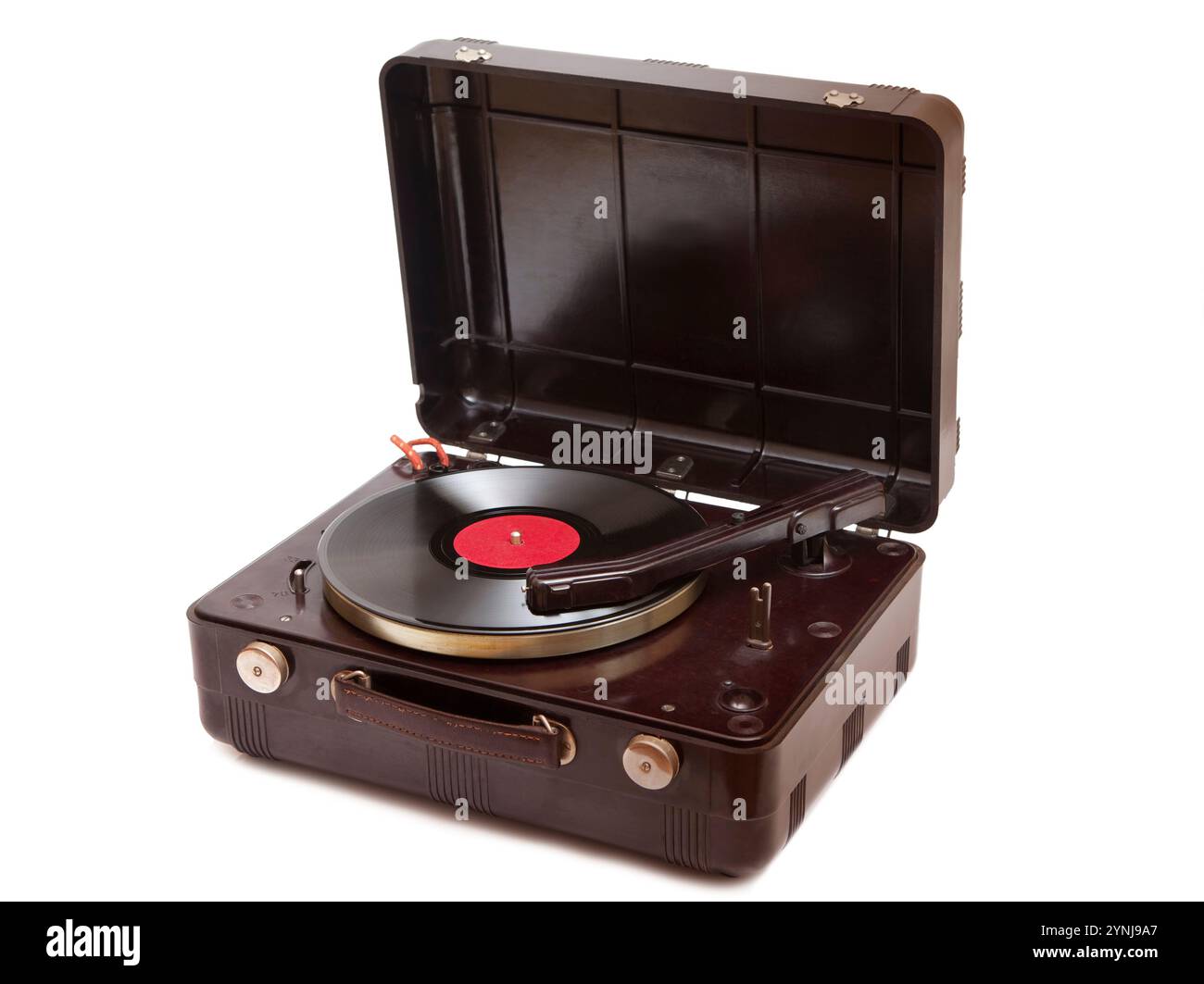 Retro portable turntable with vinyl record isolated on white Stock ...