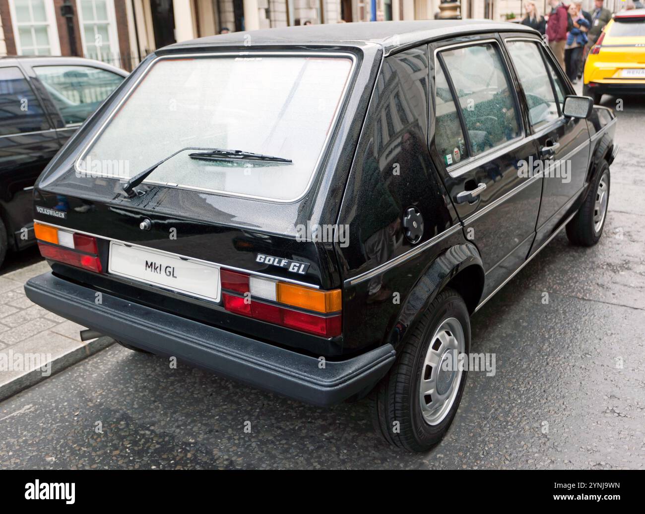 Three-quarters rear view of a Mk 1 Volkswagen Golf GL, on display in ...