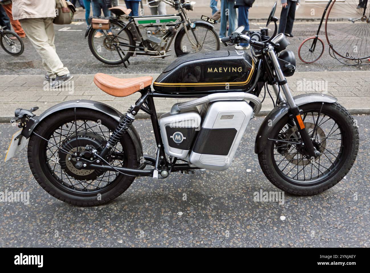 Side view of a Maeving RMS1 electric motorcycle, on display in Pall ...