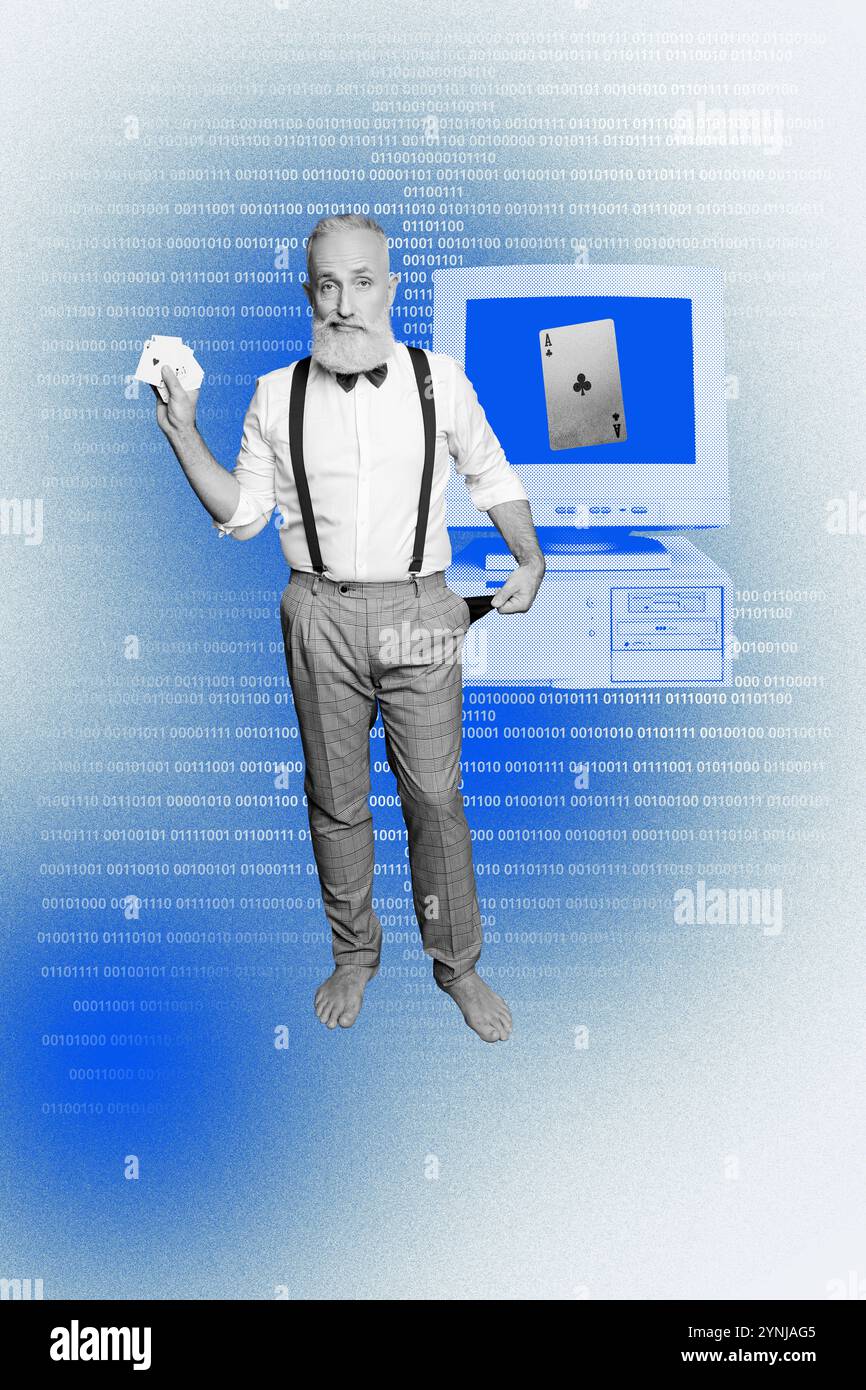 Vertical photo collage of puzzled old man wear formal suit show empty ...