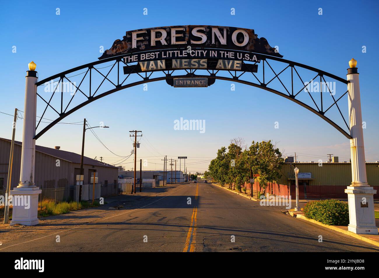 Fresno welcome sign over Van Ness Avenue in Fresno, California Stock ...