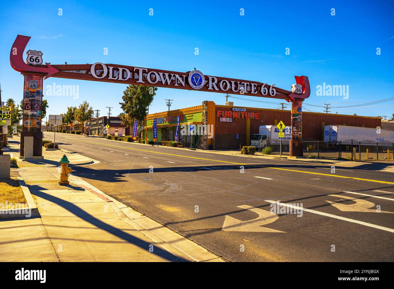 'Old Town Route 66' neon archway sign in Victorville, California Stock ...