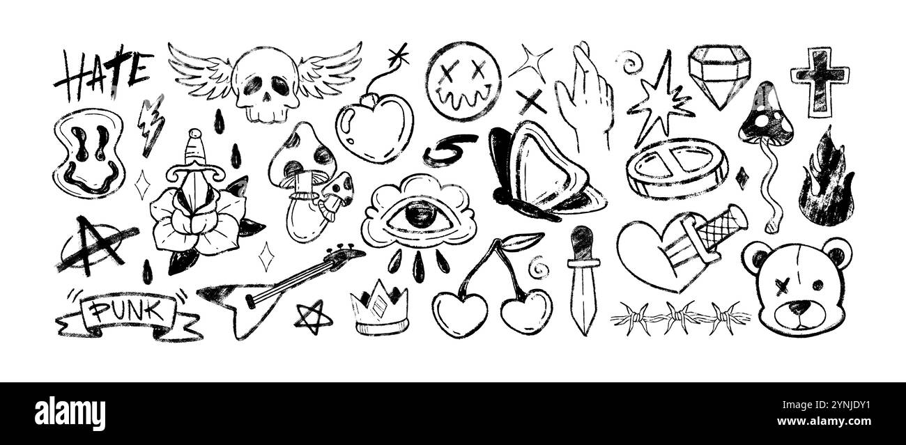 Y2k tattoo sticker set, charcoal pencil punk rock symbols. Grafitti ...
