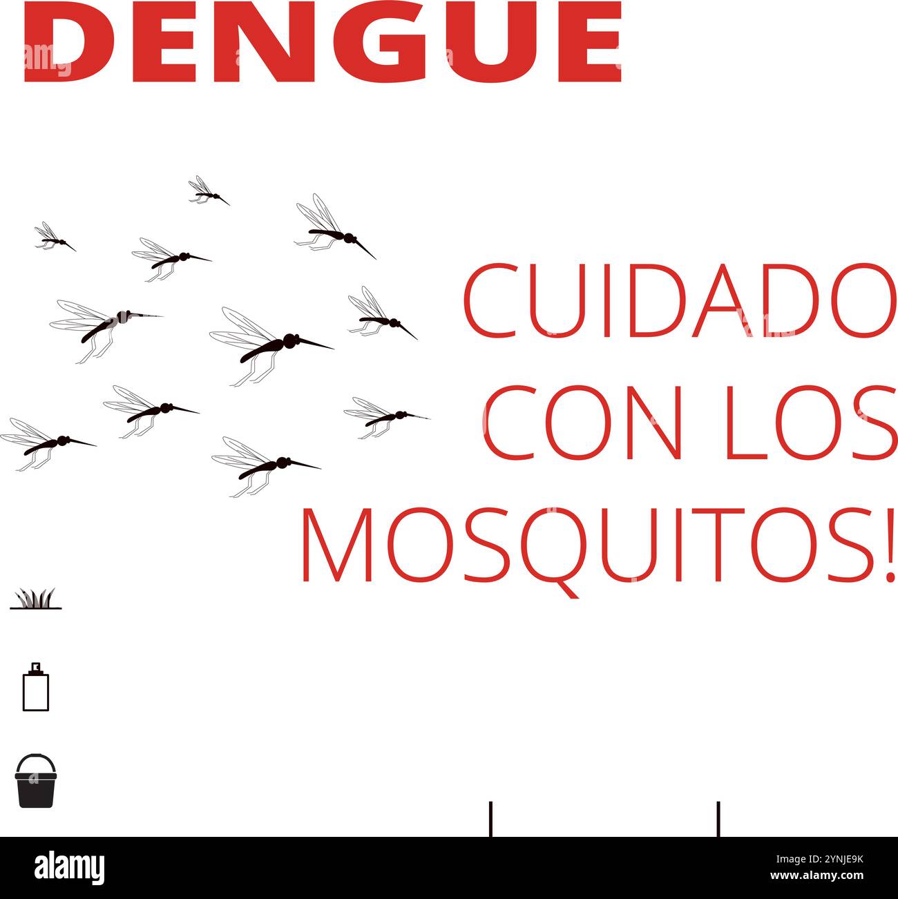 Dengue, cuidado con los mosquitos banner on a white background (trad ...
