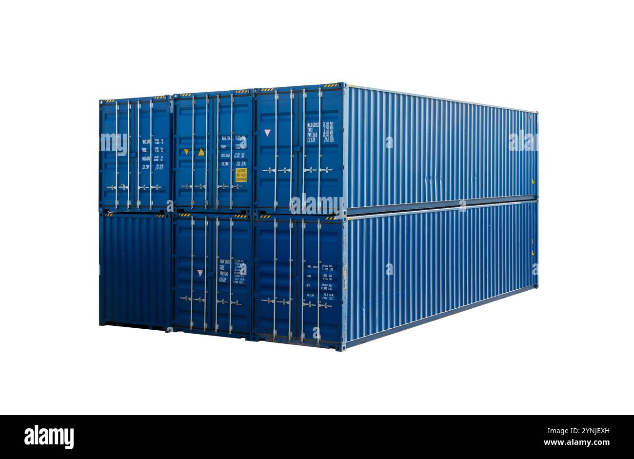Stack of standard blue cargo containers isolated on white background ...