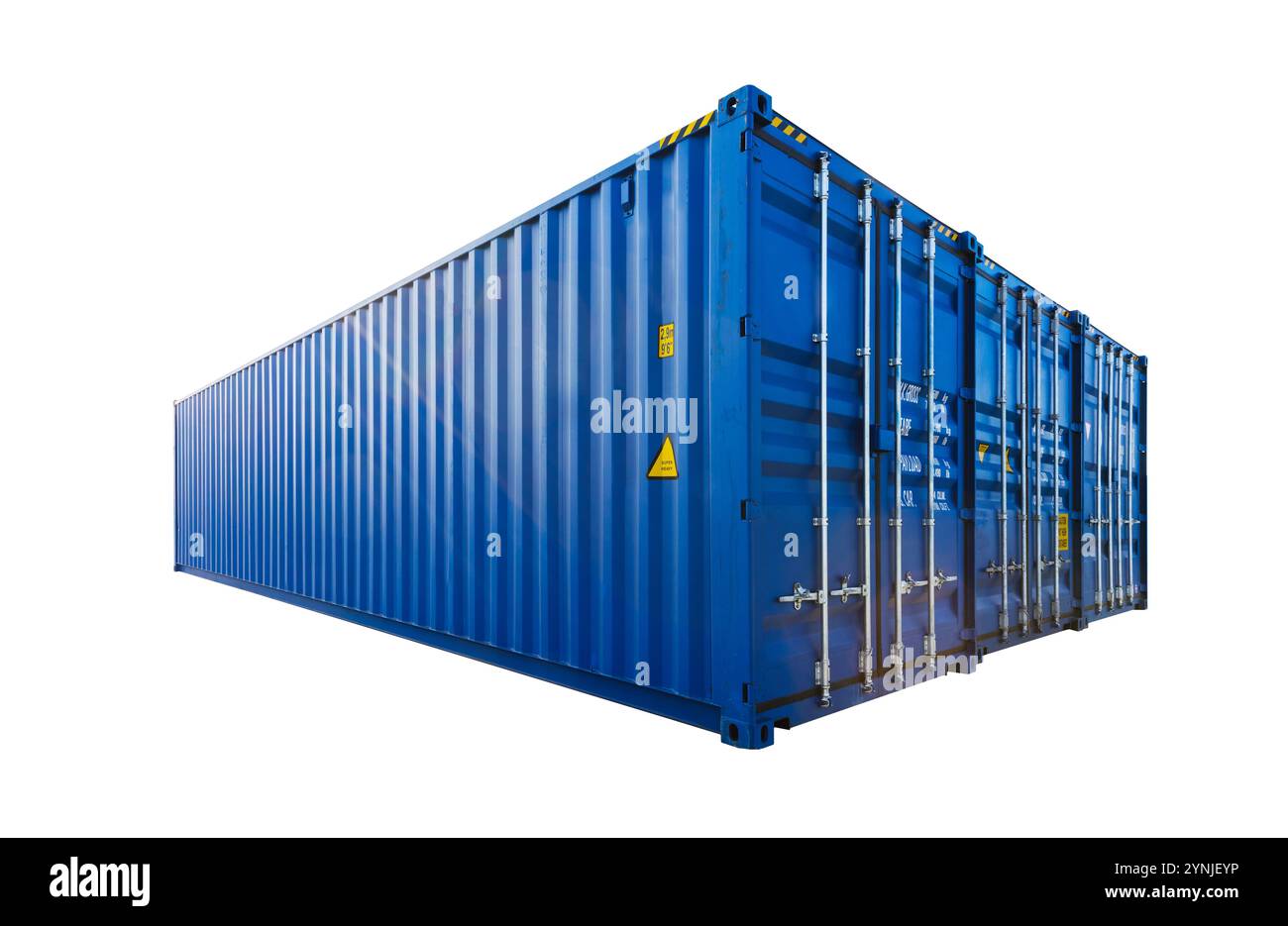 Three standard blue cargo containers in a row isolated on white ...