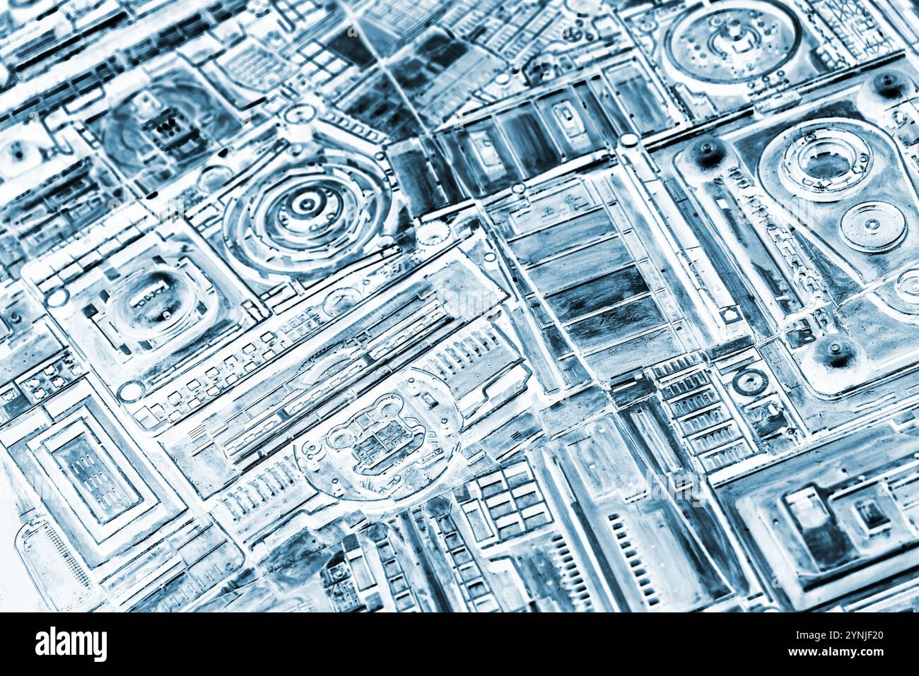 Abstract blue white industrial background, pattern of random details ...