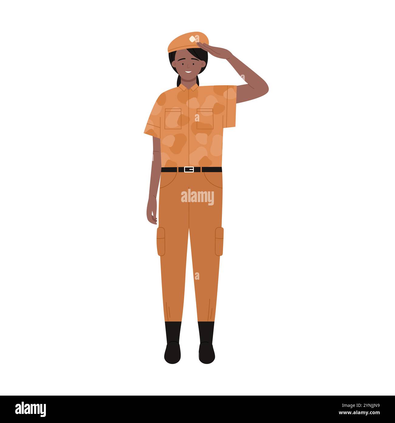 Woman in military uniform holding hand near cap while standing vector ...