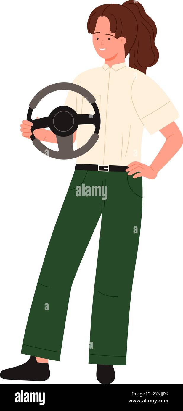 Woman holding car steering wheel, driver of automobile standing vector ...