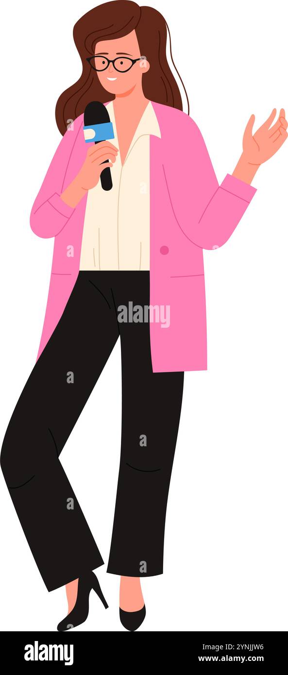Woman with glasses holding microphone for TV news report, female journalist vector illustration ...