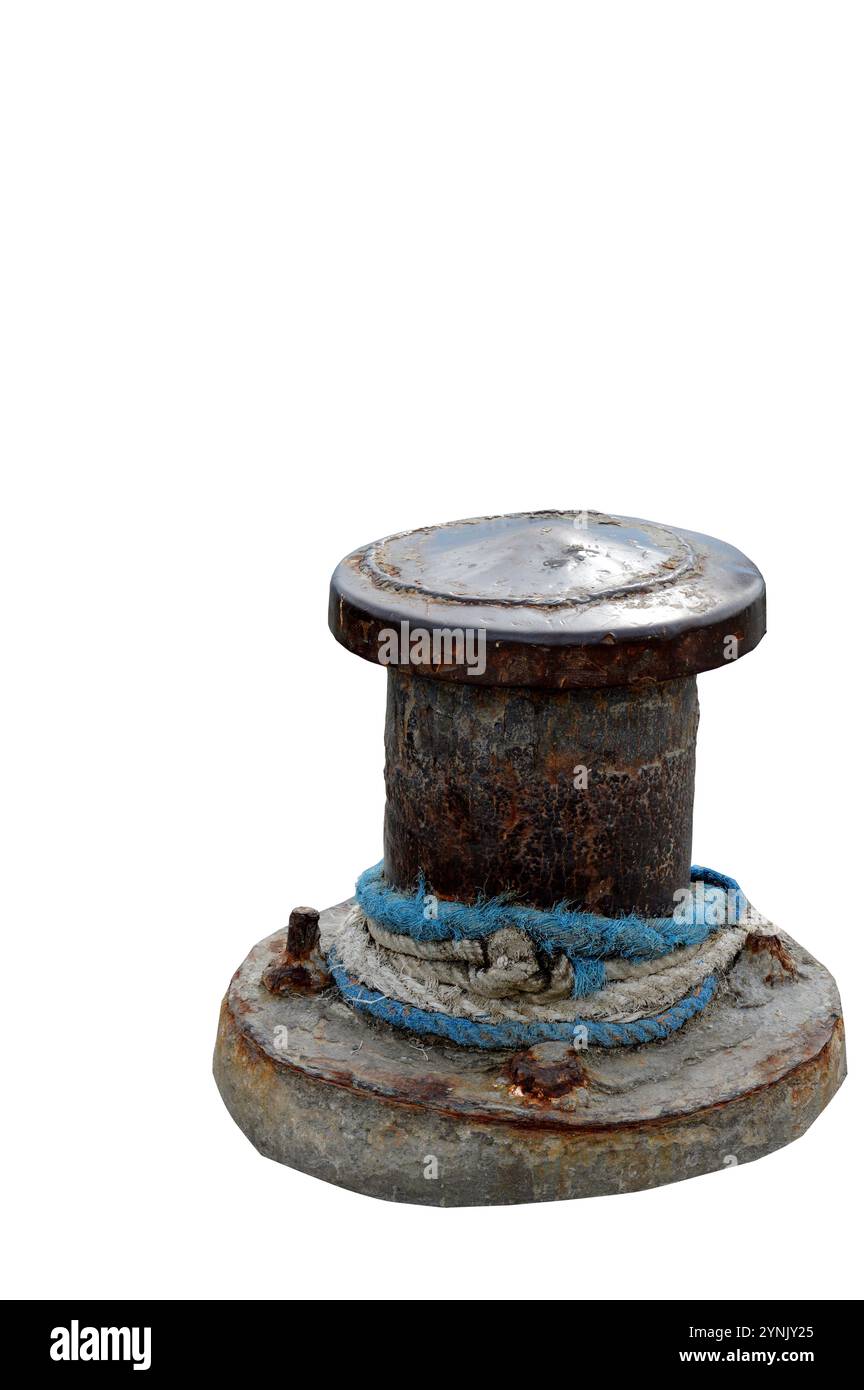 Rusty mooring bollard with ship ropes isolated on white background ...