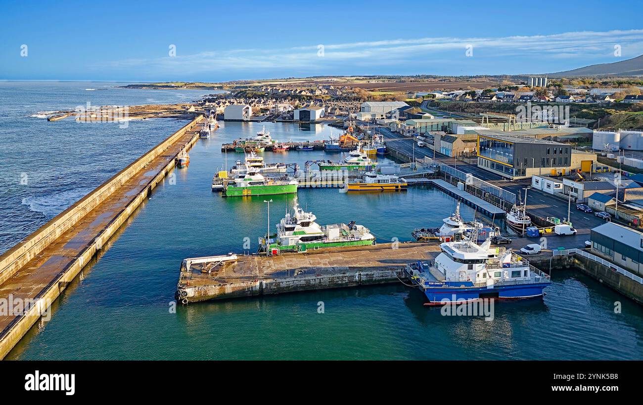 Buckie Harbour Moray Coast Scotland view over moored offshore wind ...