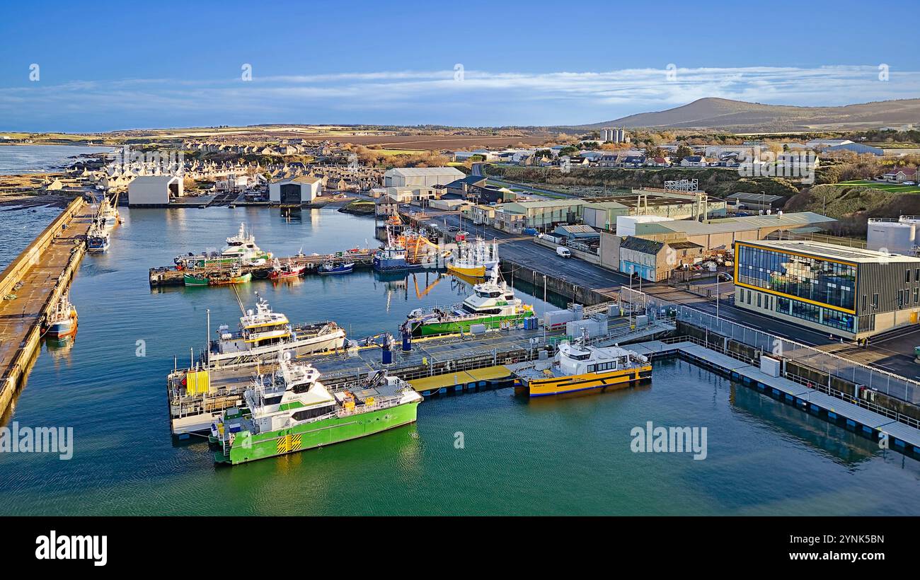 Buckie Harbour Moray Coast Scotland view over moored offshore wind ...