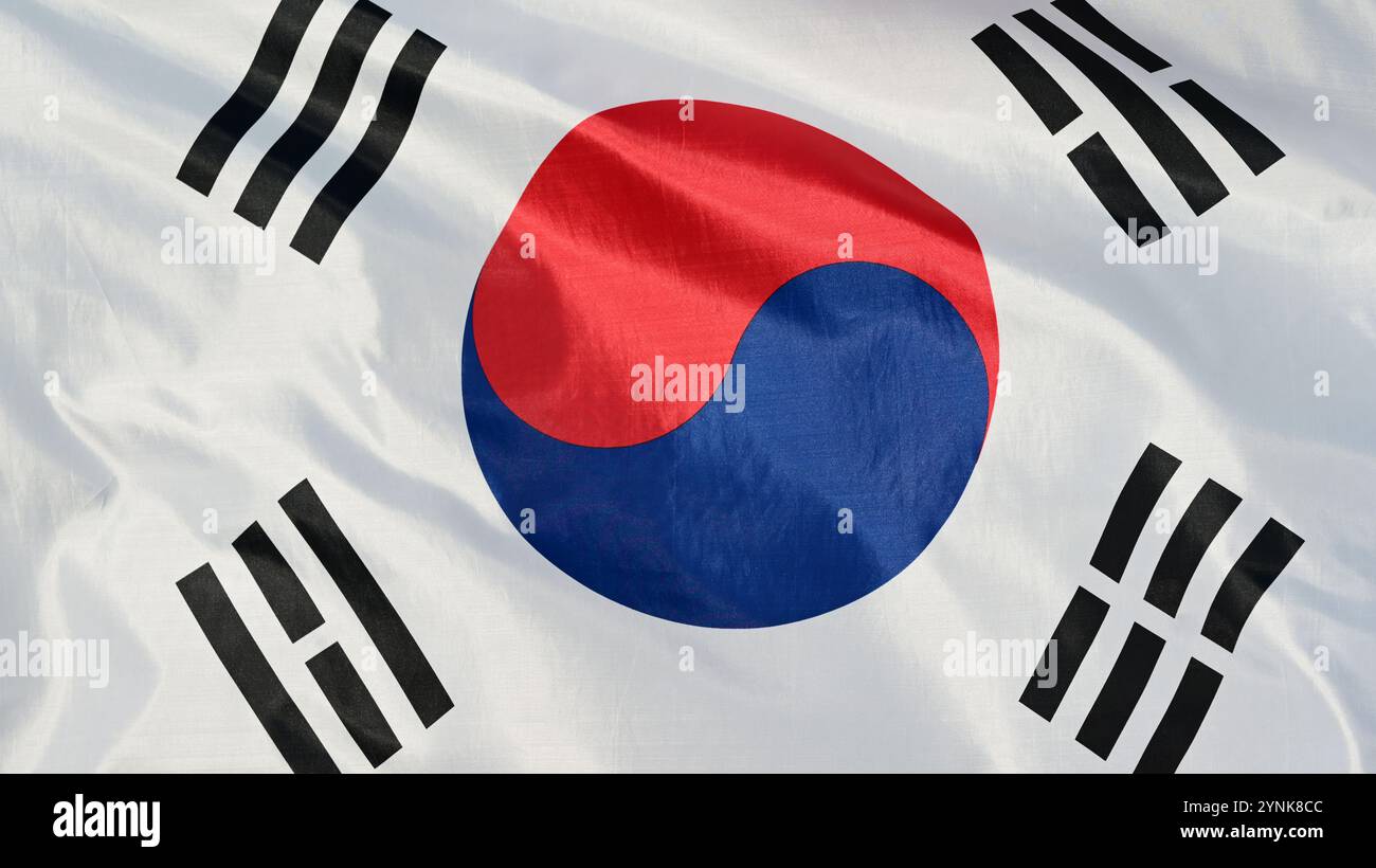 Close-up of the national flag of South Korea, fluttering in the wind ...