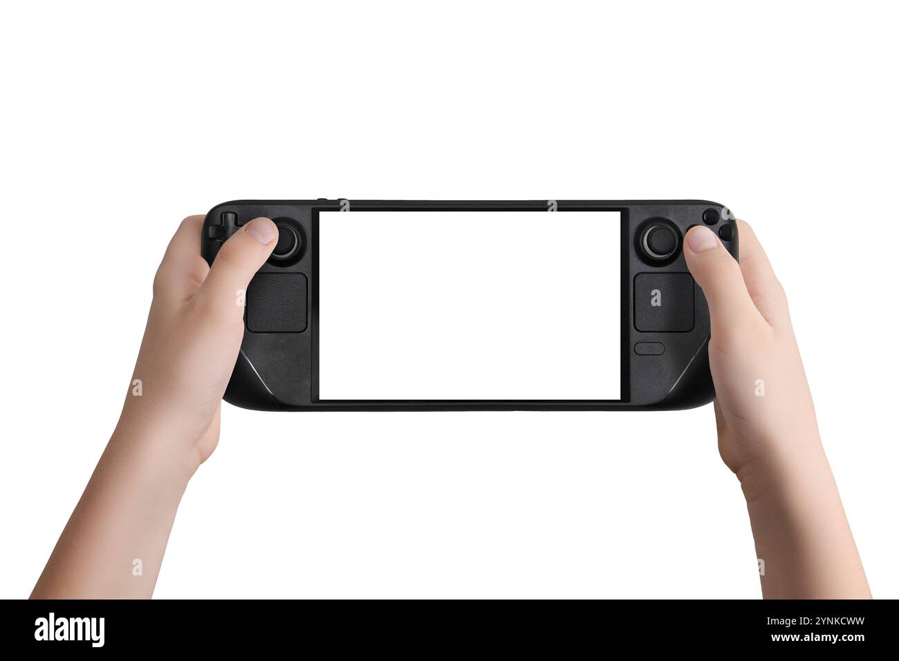 Flat lay or front view of hands holding a black handheld gaming console ...