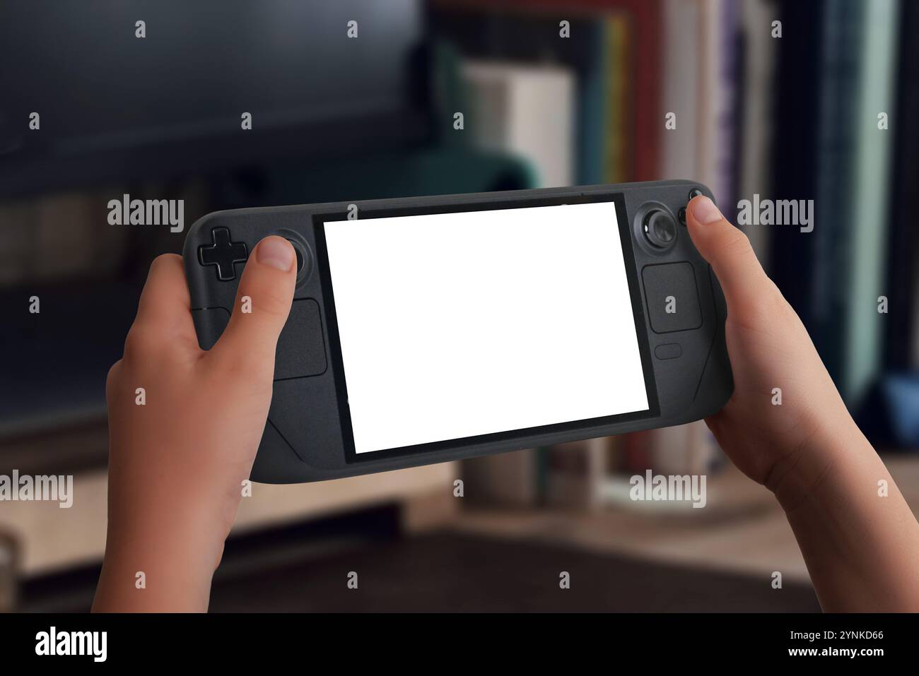 Close-up of a handheld gaming console mockup, hands holding it, blurred ...