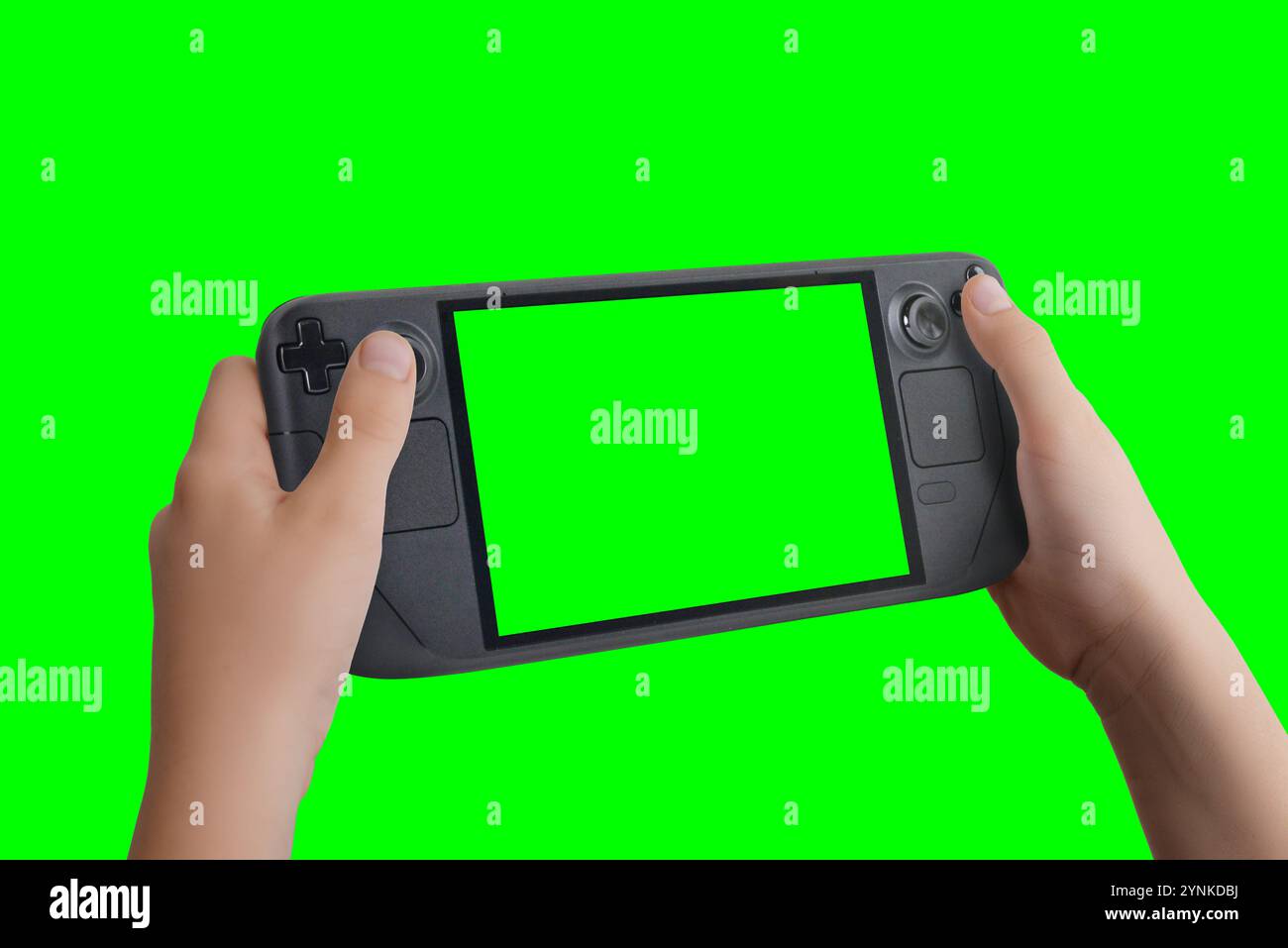 Child holding a handheld gaming console with isolated screen and chroma ...