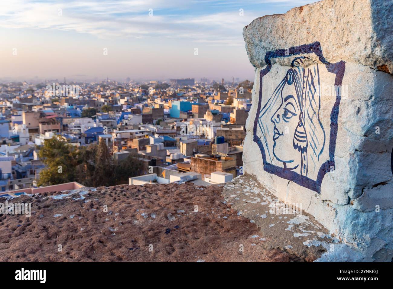 artistic wall painting with blurred crowded city view from mountain top ...